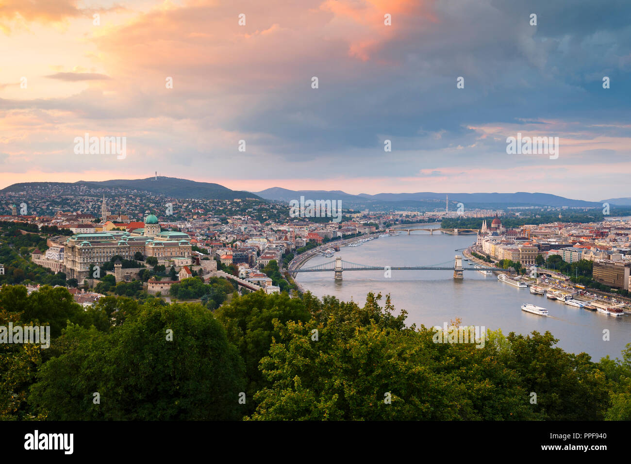 View of Buda castle and river Danube from Citadella in Budapest ...
