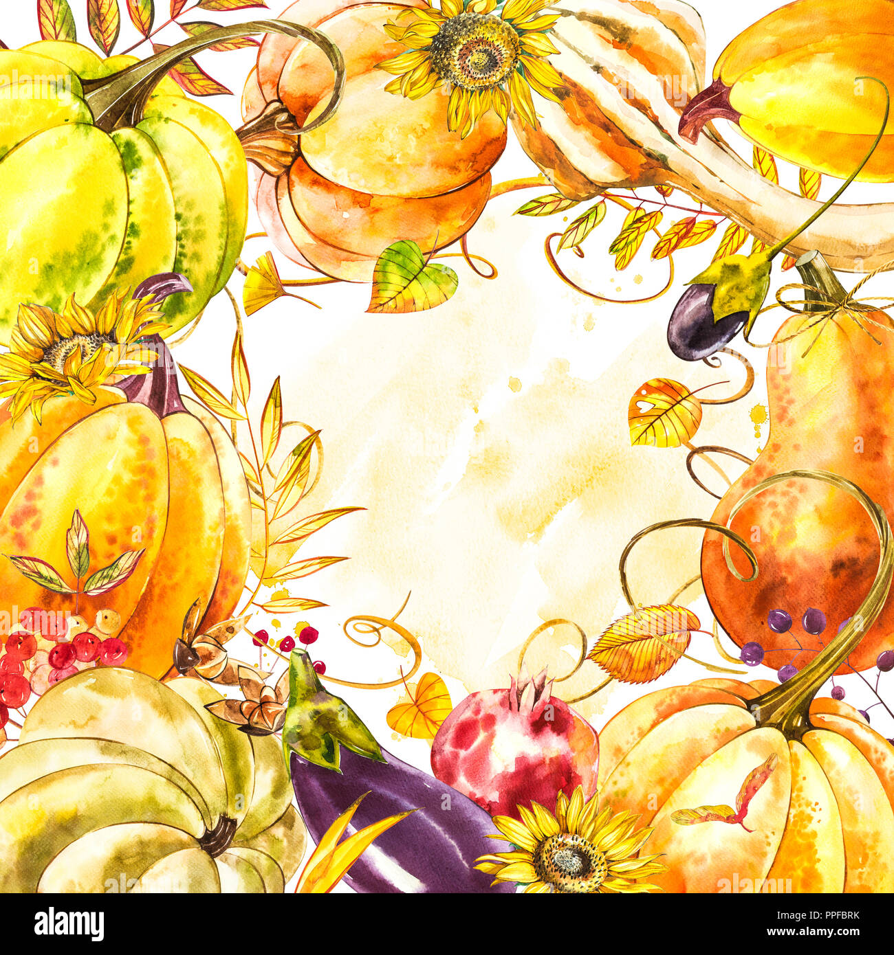 Autumn leaves and pumpkins border frame with space text on white ...