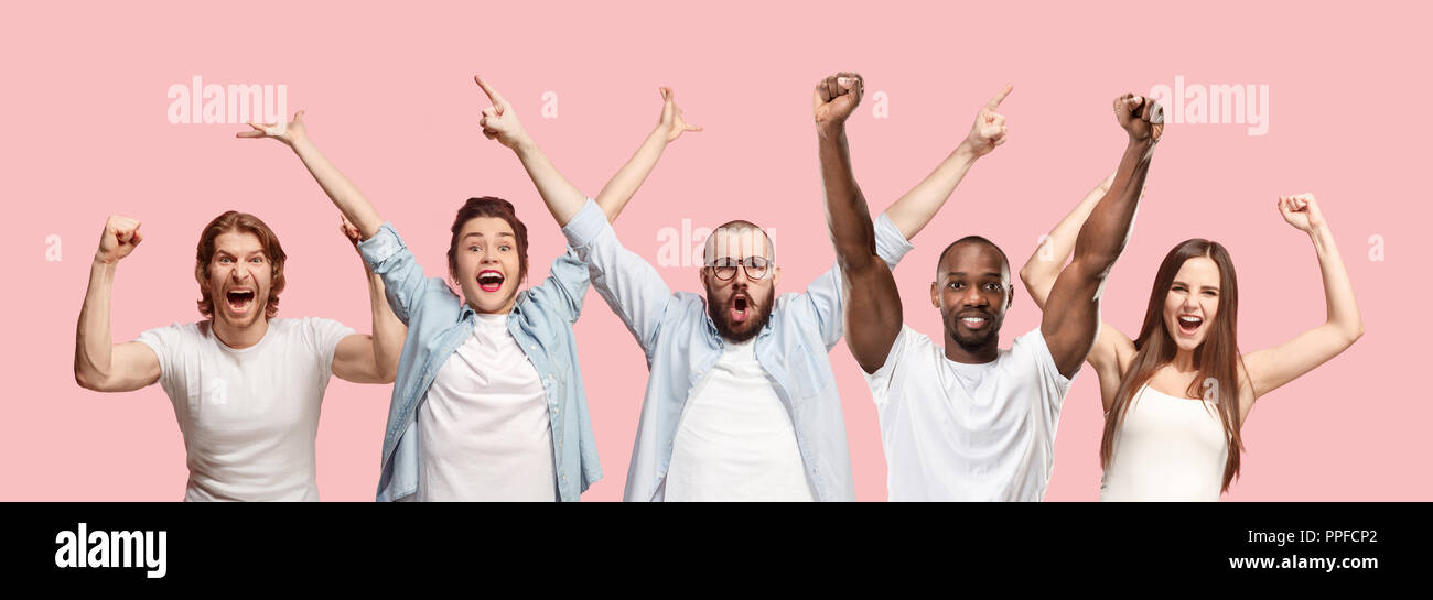 Collage of winning success happy men and women celebrating being a ...