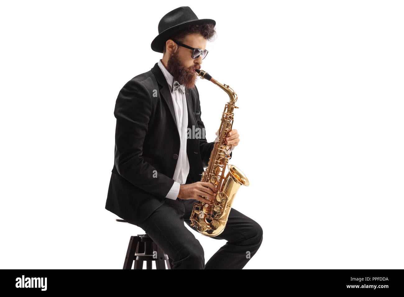 Jazz musician playing saxophone isolated on white background Stock ...