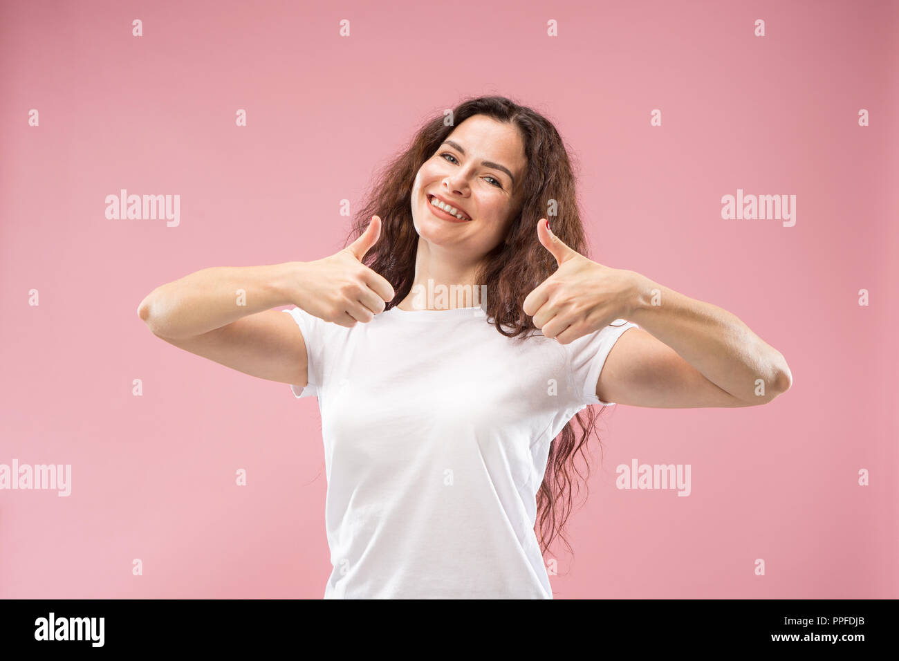 I am ok. Happy business woman, sign ok, smiling, isolated on trendy ...