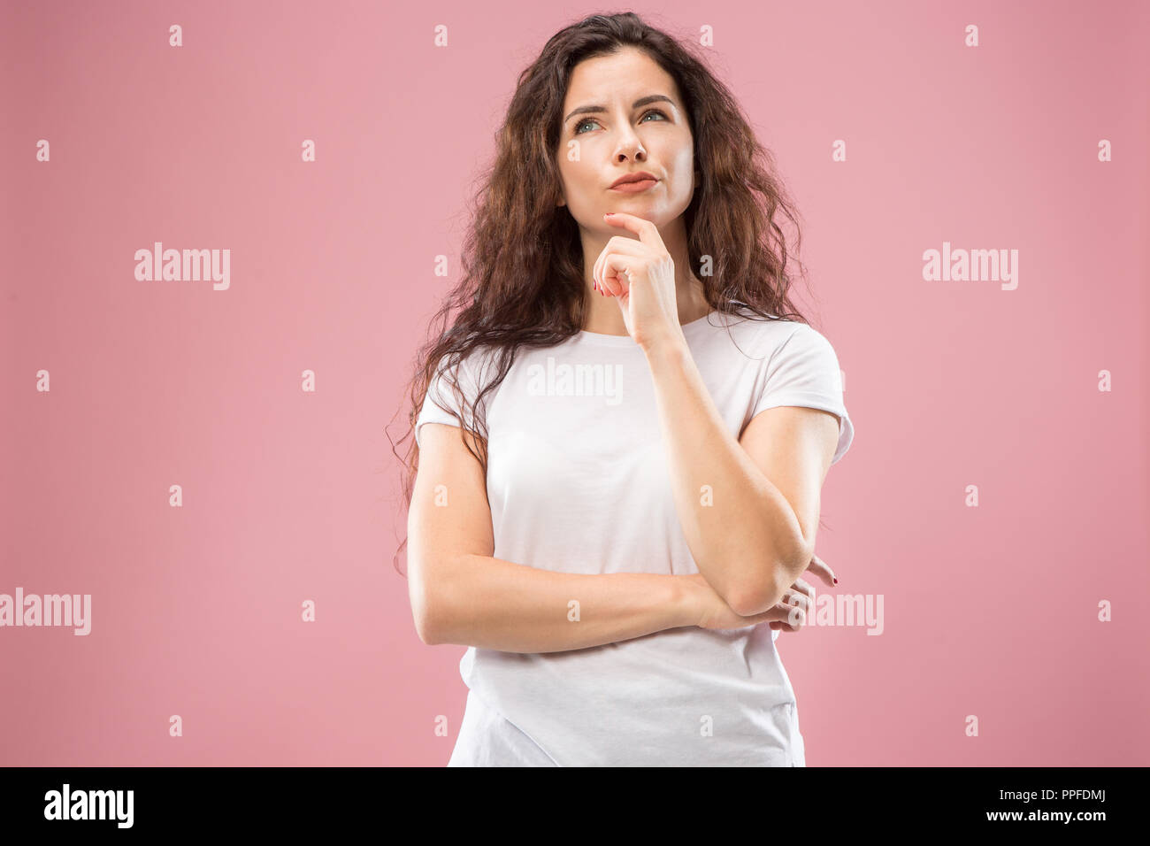 Remember all. Let me think. Doubt concept. Doubtful, thoughtful woman ...