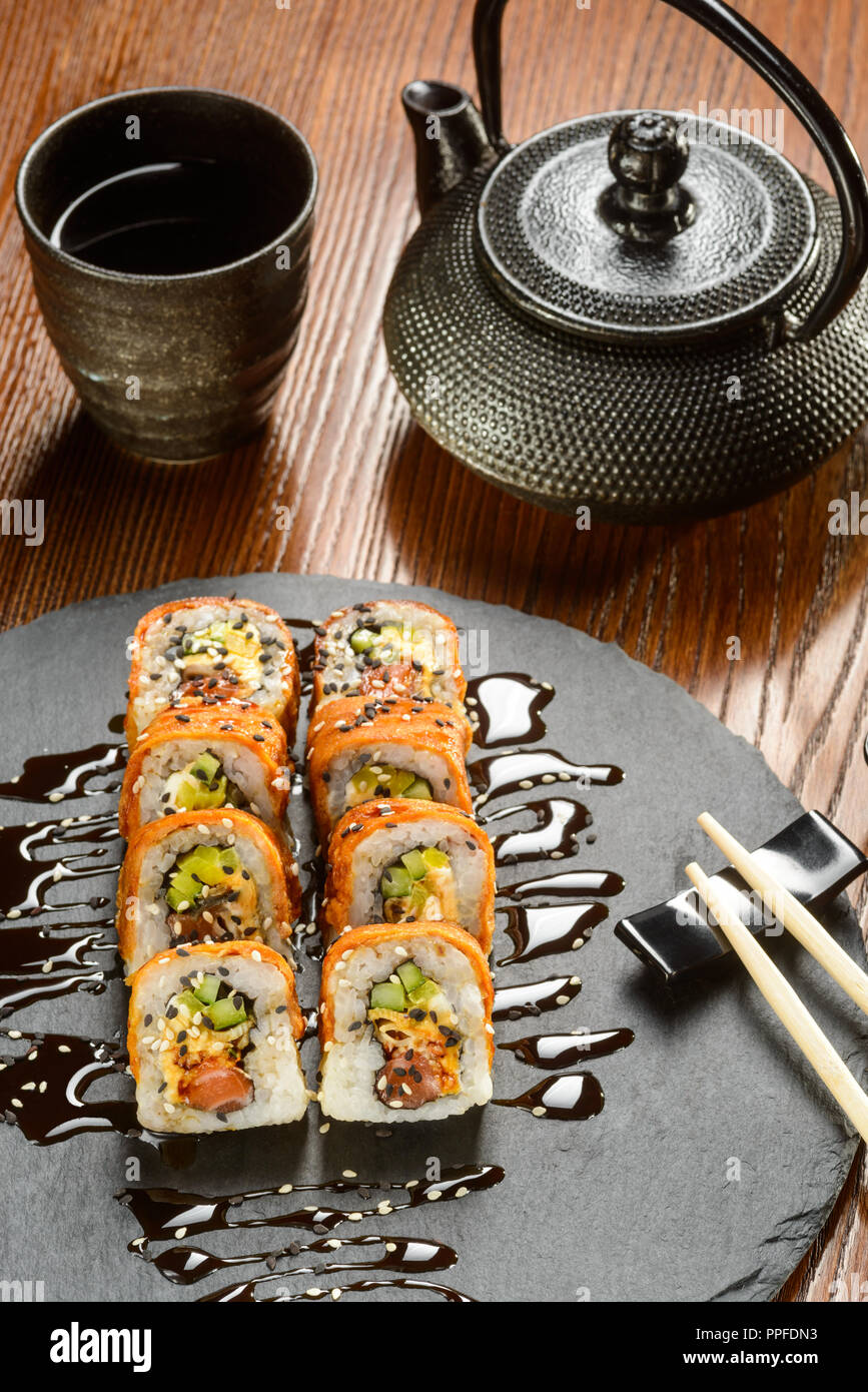 Smoked salmon rolls and tea Stock Photo - Alamy