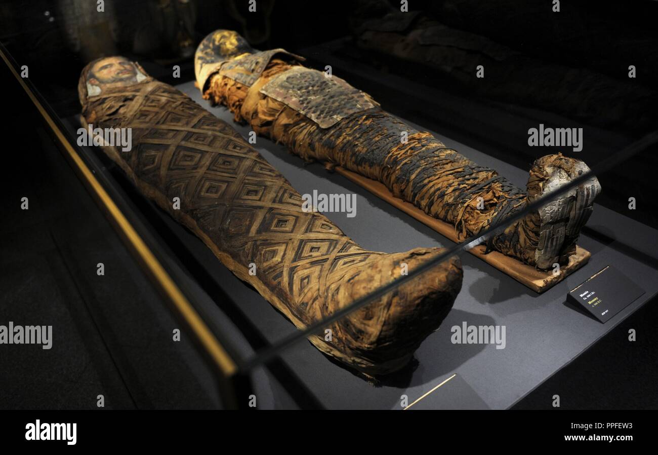Egyptian mummies. On the right, mummy dated c. 300 B.C. On the left ...