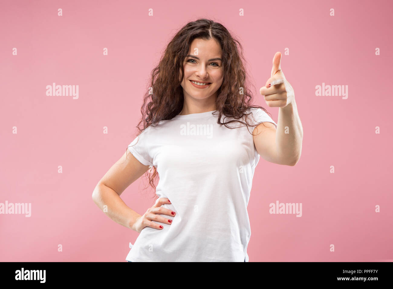 I am ok. Happy business woman, sign ok, smiling, isolated on trendy ...