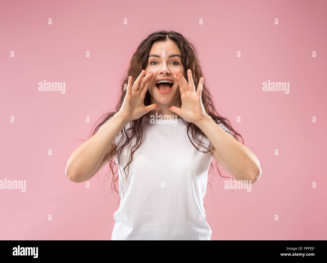 Do not miss. Young casual woman shouting. Shout. Crying emotional woman ...