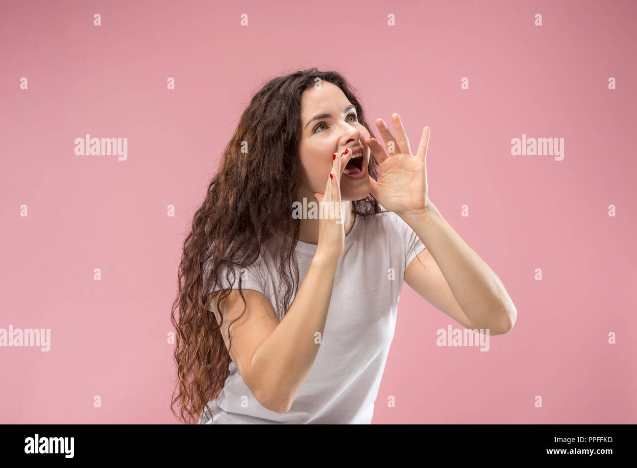 Do not miss. Young casual woman shouting. Shout. Crying emotional woman ...