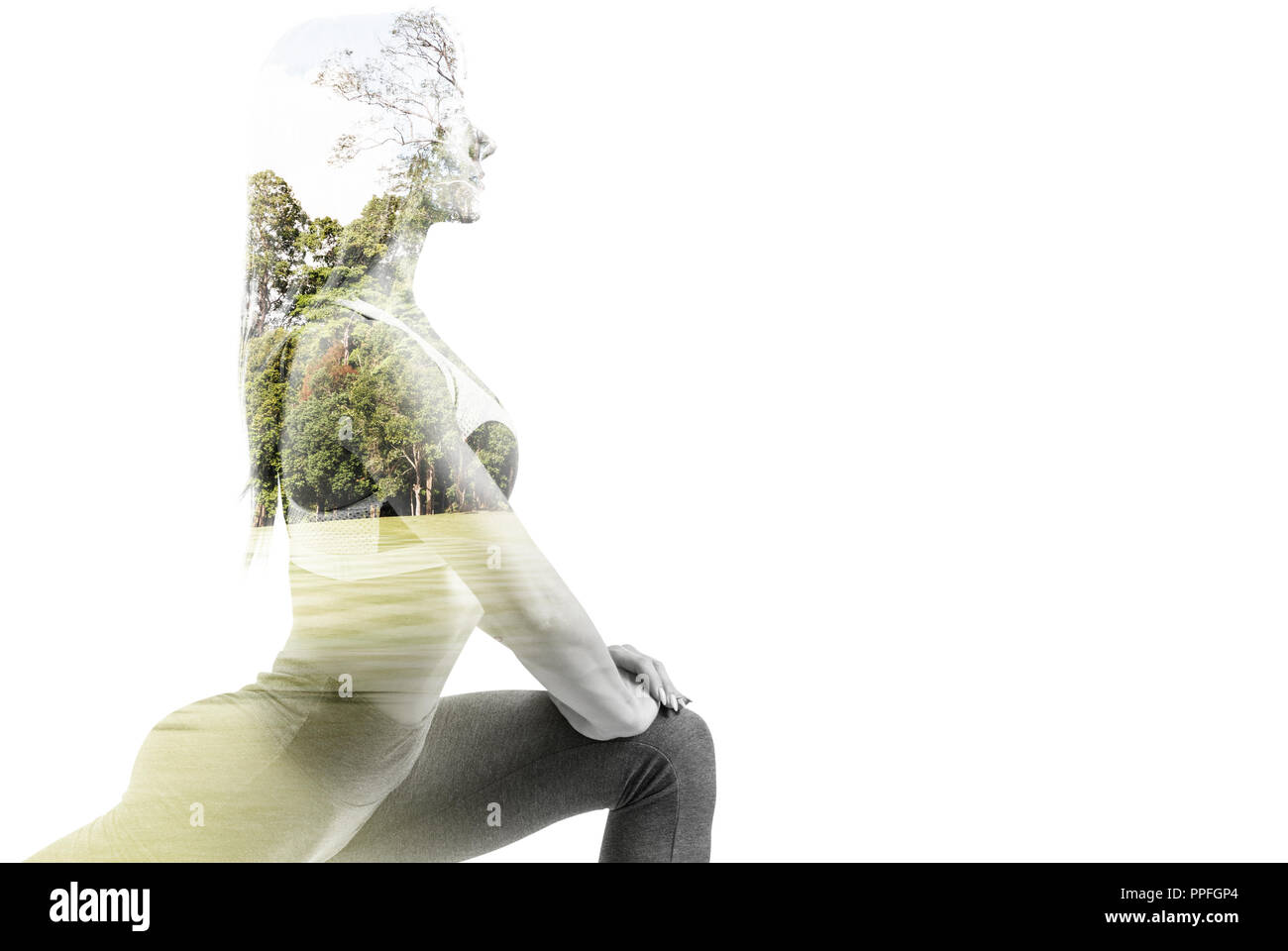 Double exposure of young sporty woman and nature Stock Photo - Alamy