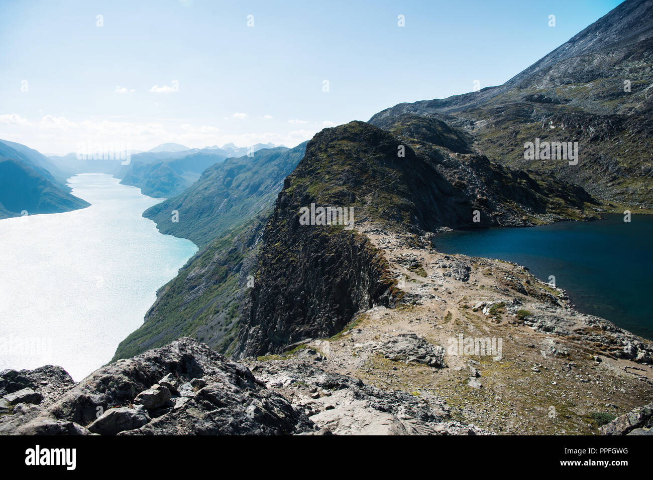 aerial view of Gjende lake, Besseggen ridge, Jotunheimen National Park ...