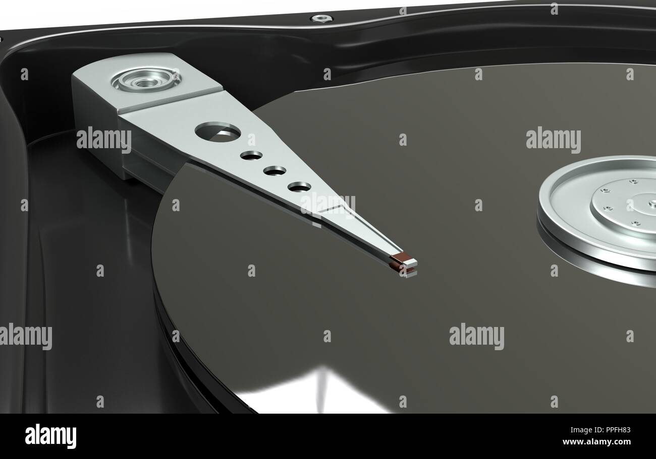 Closeup inside a hard disk drive HDD, magnetic surface and data reading ...