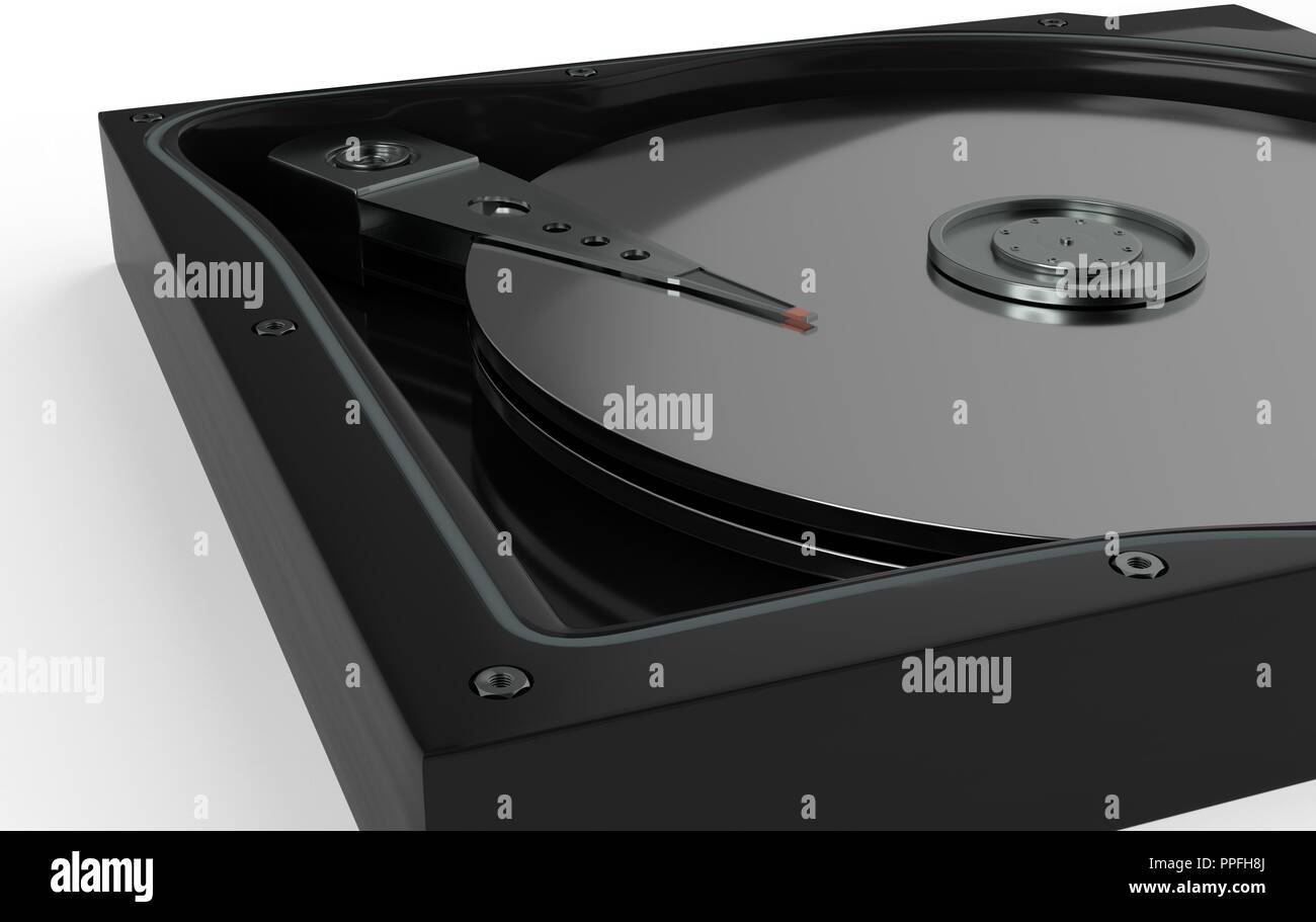 Closeup inside a hard disk drive HDD, magnetic surface and data reading ...