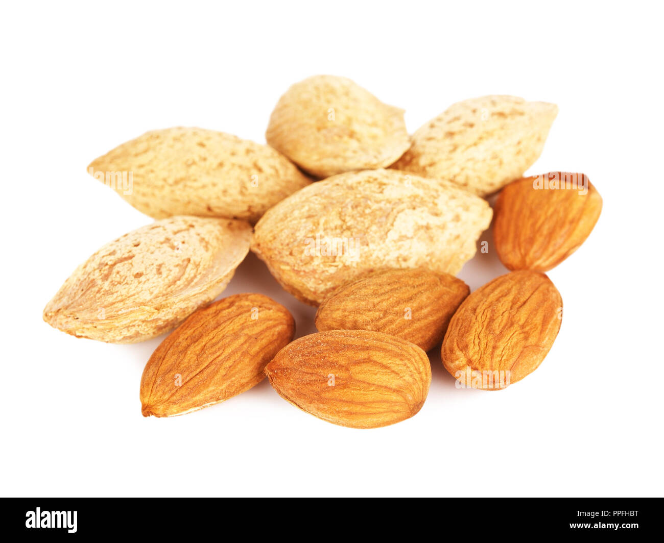 almonds nuts peeled and unpeeled, isolated on white background Stock ...