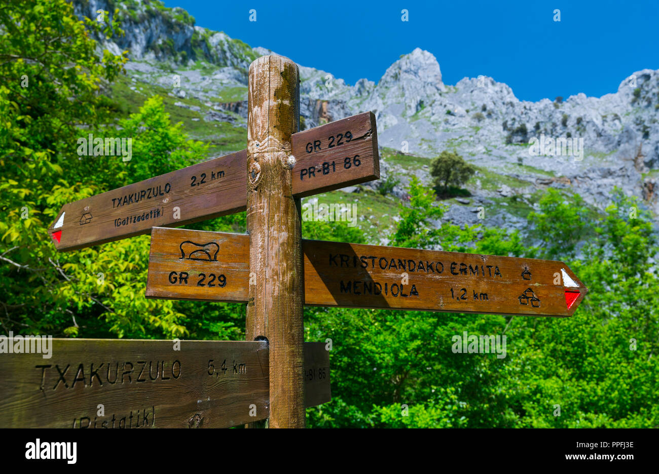 Hiking trail signs, Atxarte canyon, Mendiola neighborhood, Urkiola ...