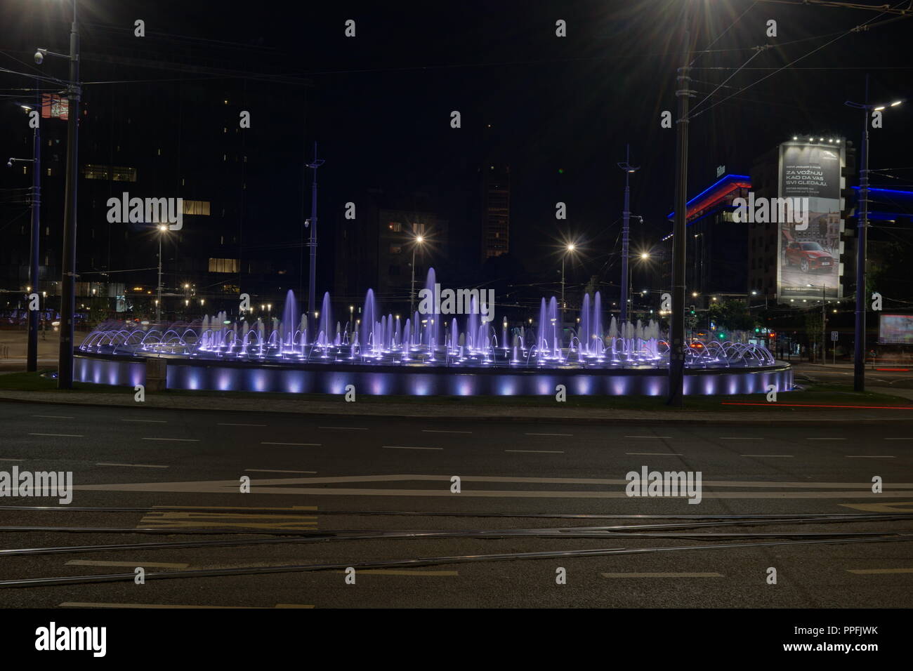 Belgrade, Serbia - May 04, 2018: Light illuminated fountain at night on ...