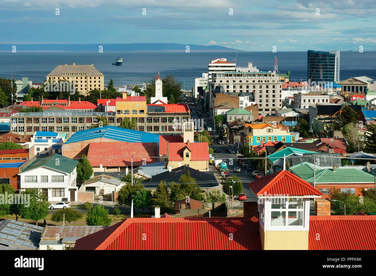 View over the city on the Magellan Strait, behind Tierra del Fuego ...