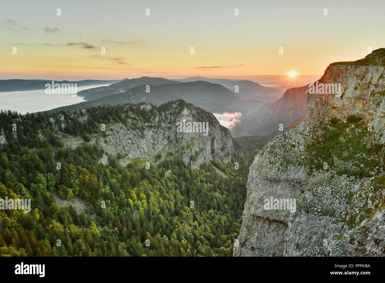 Creux du Van, rock face at sunrise, Le Soliat, canton of Jura ...