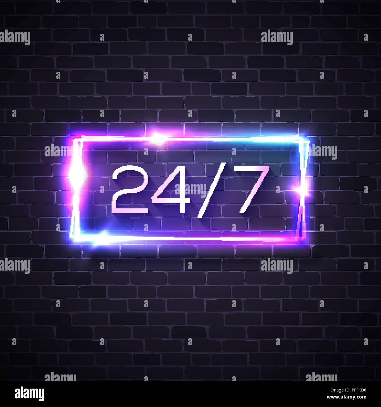Neon sign 24 7 on brick wall background. Colorful vector illustration ...