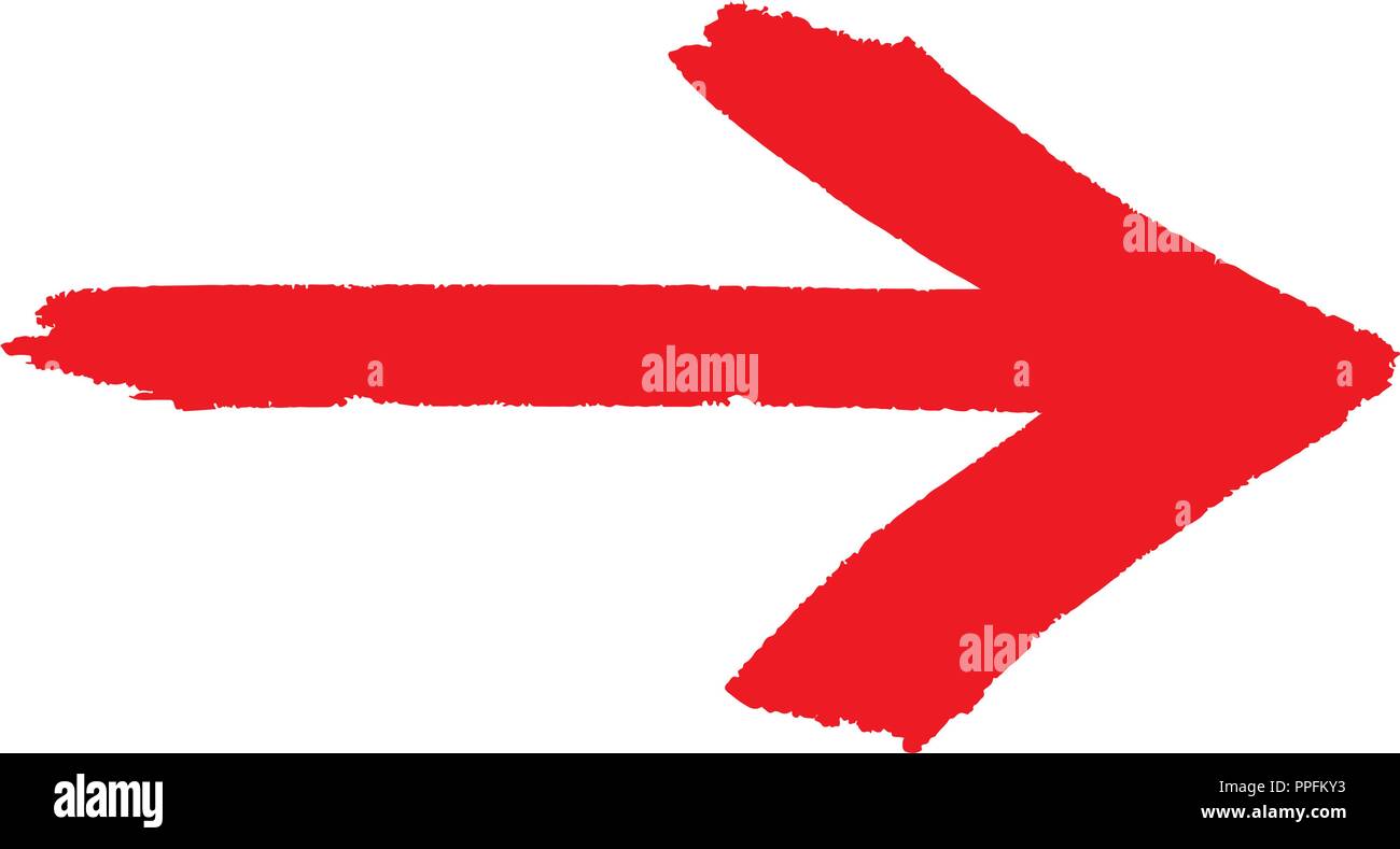 Red grungy arrow direction sign painted with hand brush over white ...