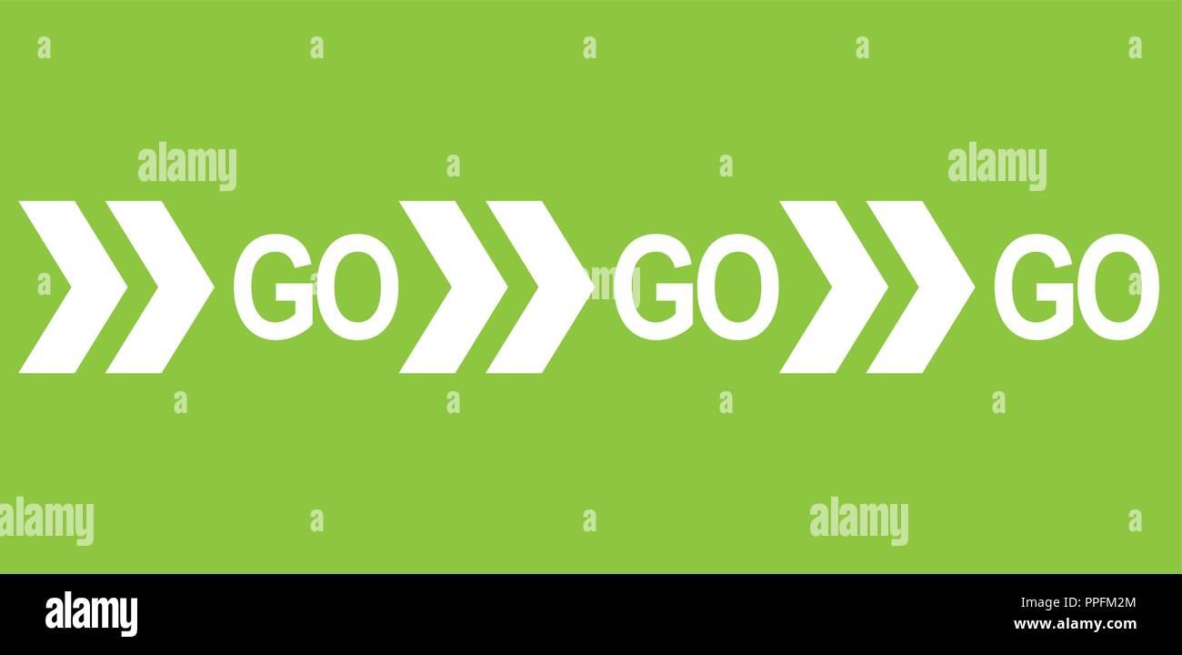Go Go Go white word text and direction arrows on green background as ...