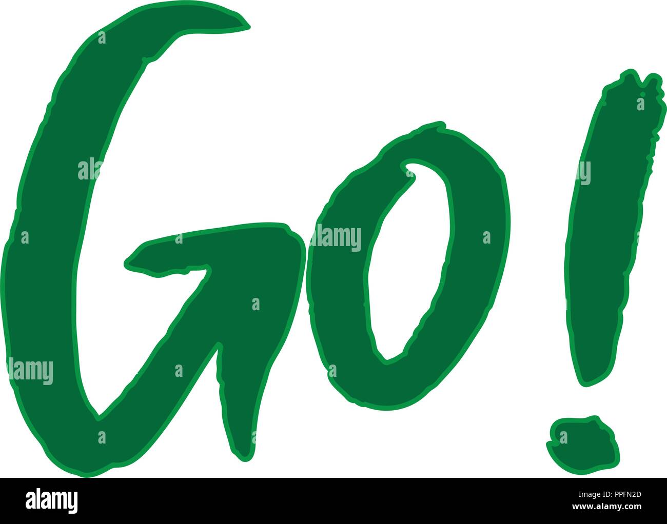 “Go!” watercolor green motivational brush font text written on a white ...