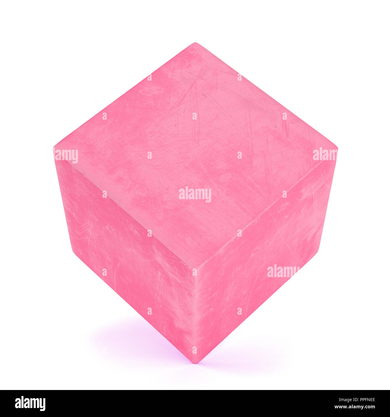 Abstract pink cube with scratches isolated on white background. 3d ...