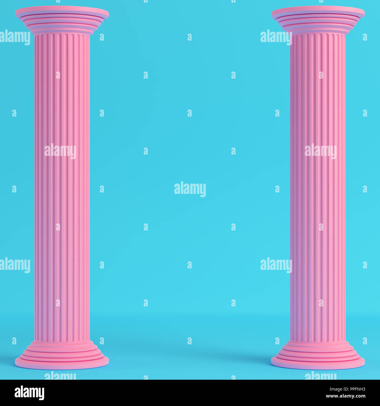 Two pink ancient pillars on bright blue background in pastel colors ...