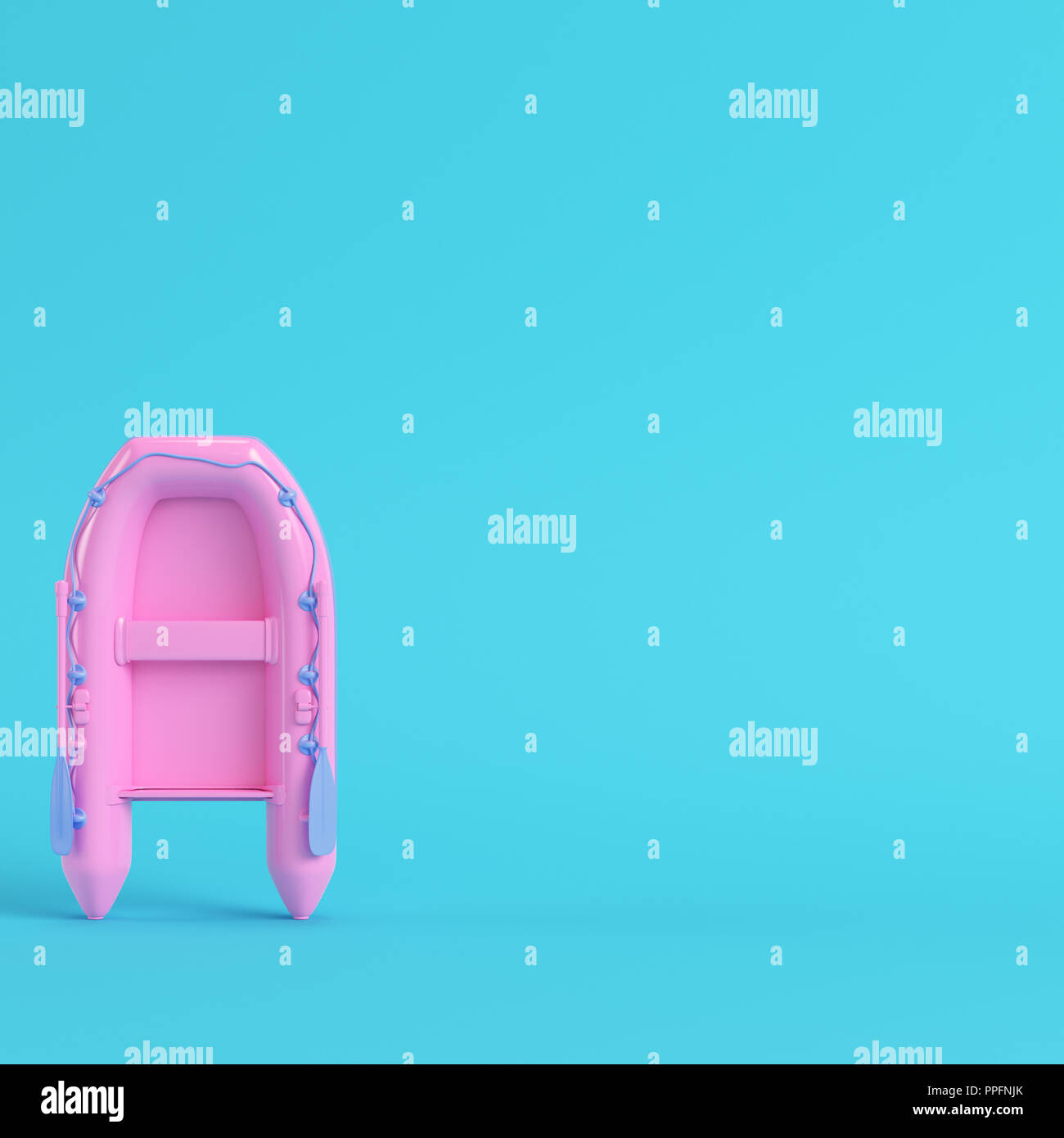 Pink inflatable boat on bright blue background in pastel colors ...