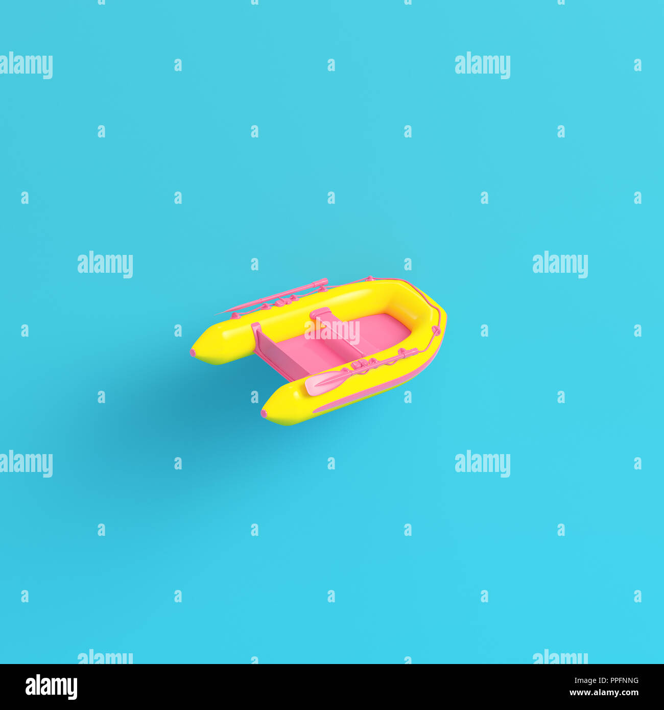 Yellow Inflatable boat on bright blue background in pastel colors ...