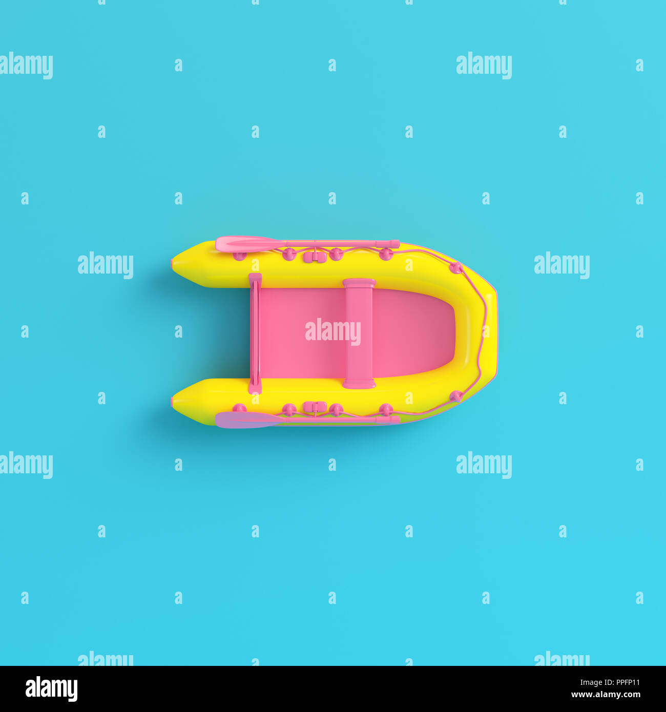 Yellow Inflatable boat on bright blue background in pastel colors ...