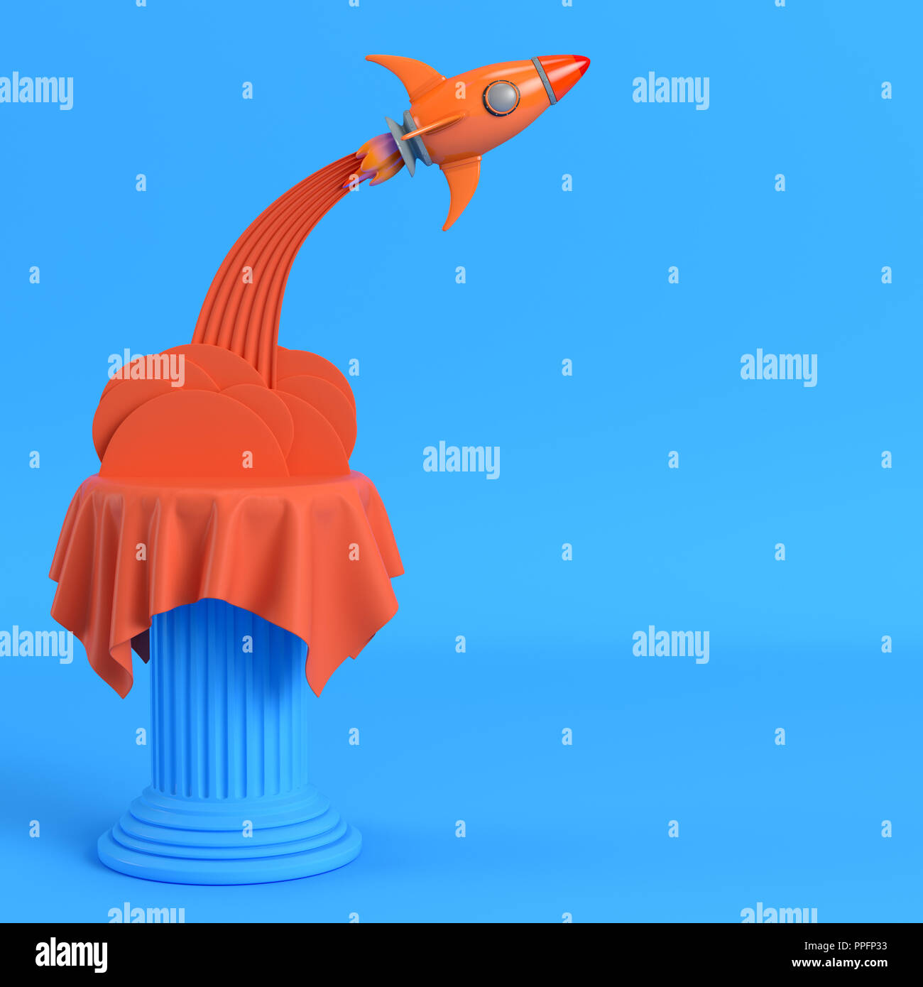 Launch rocket from a pillar on bright blue background. Minimalism ...