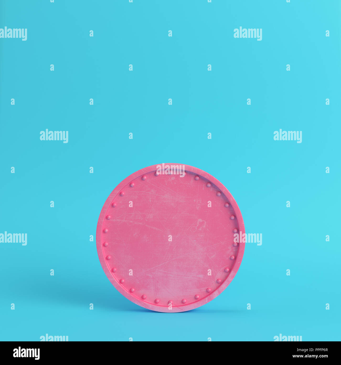 Pink blank scratched coin on bright blue background in pastel colors ...
