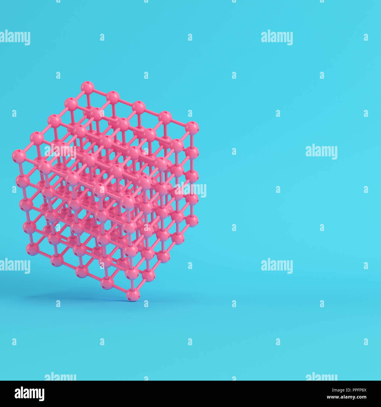 Abstract pink spheres in wire box on bright blue background in pastel ...