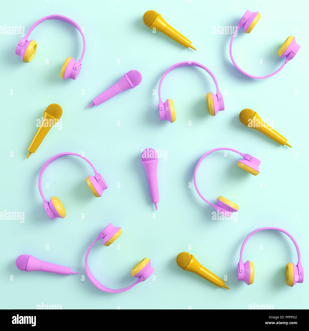 Headphones and microphones on bright background in pastel colors. Top ...