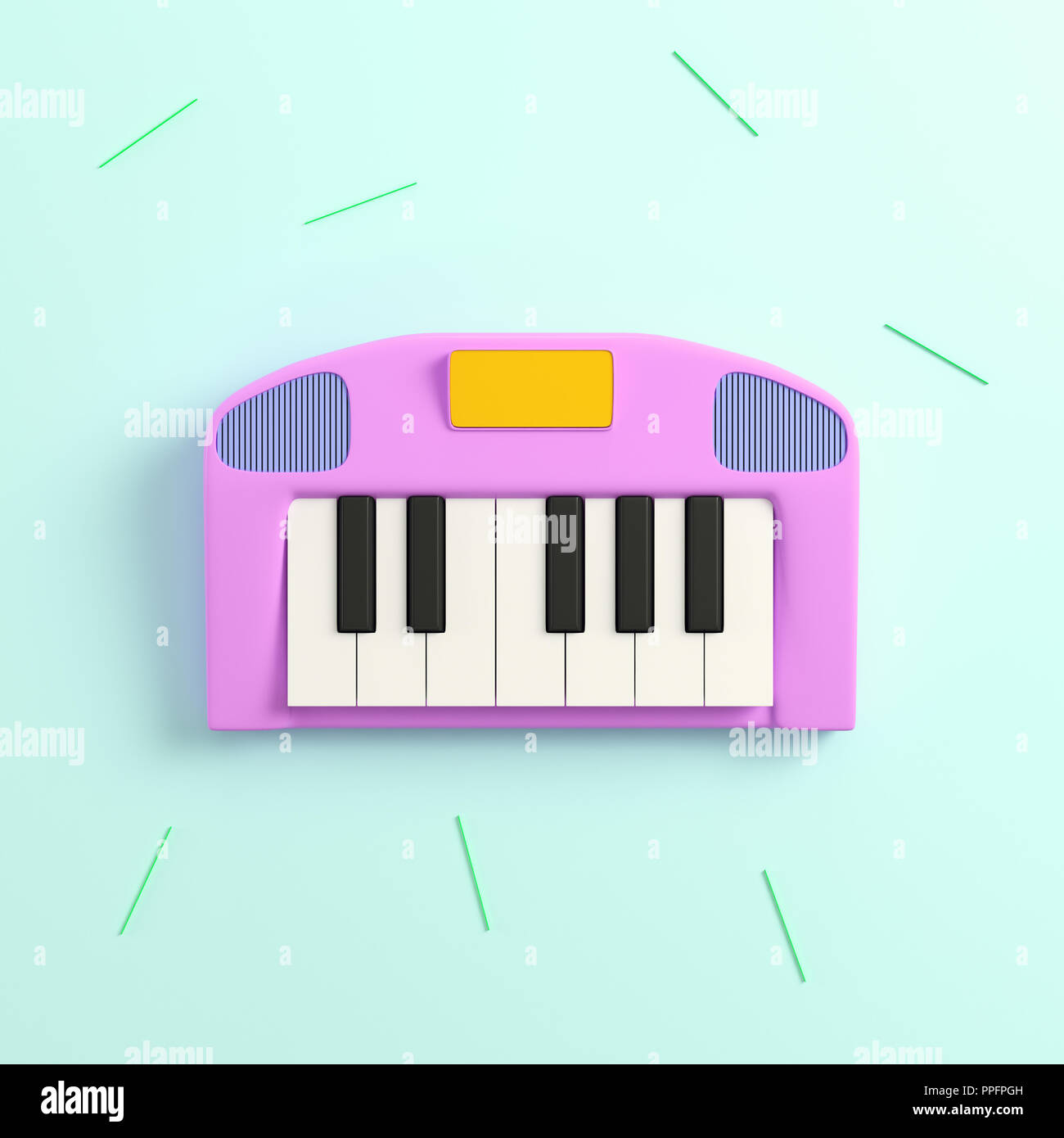 Pink synthesizer on bright background in pastel colors. Top view. 3d ...
