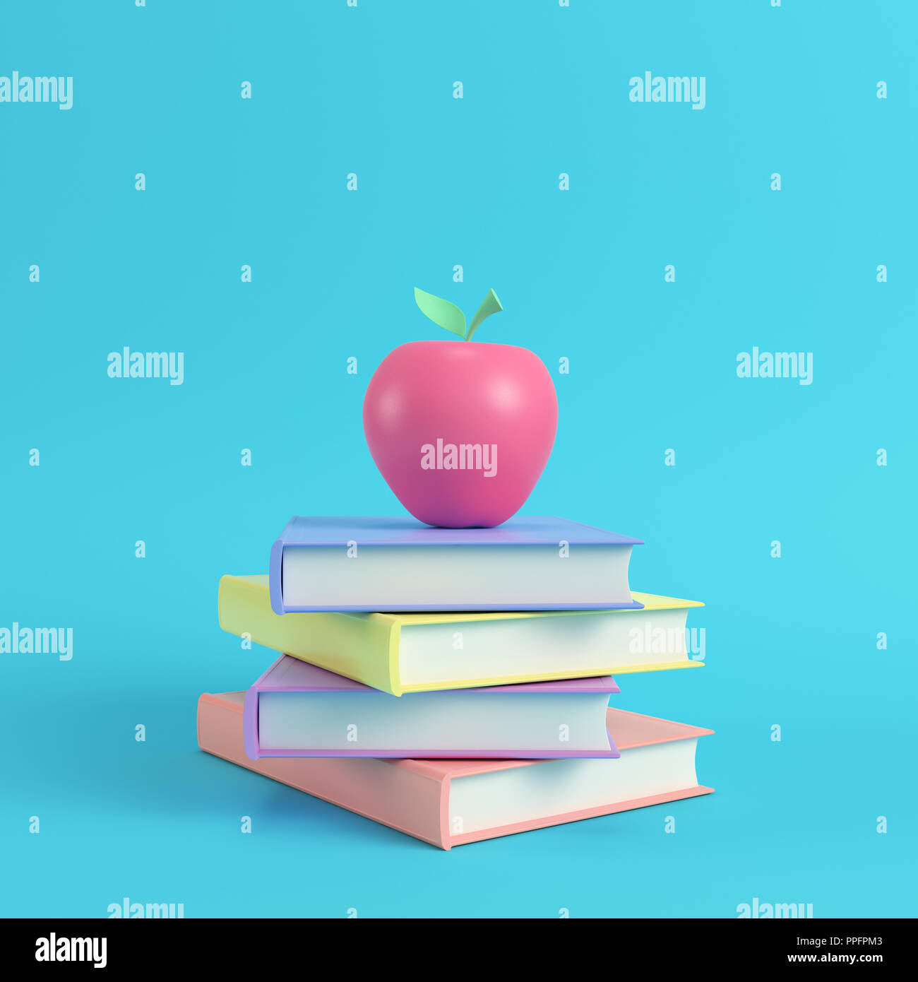 Pink apple on a stack of books on bright blue background in pastel ...