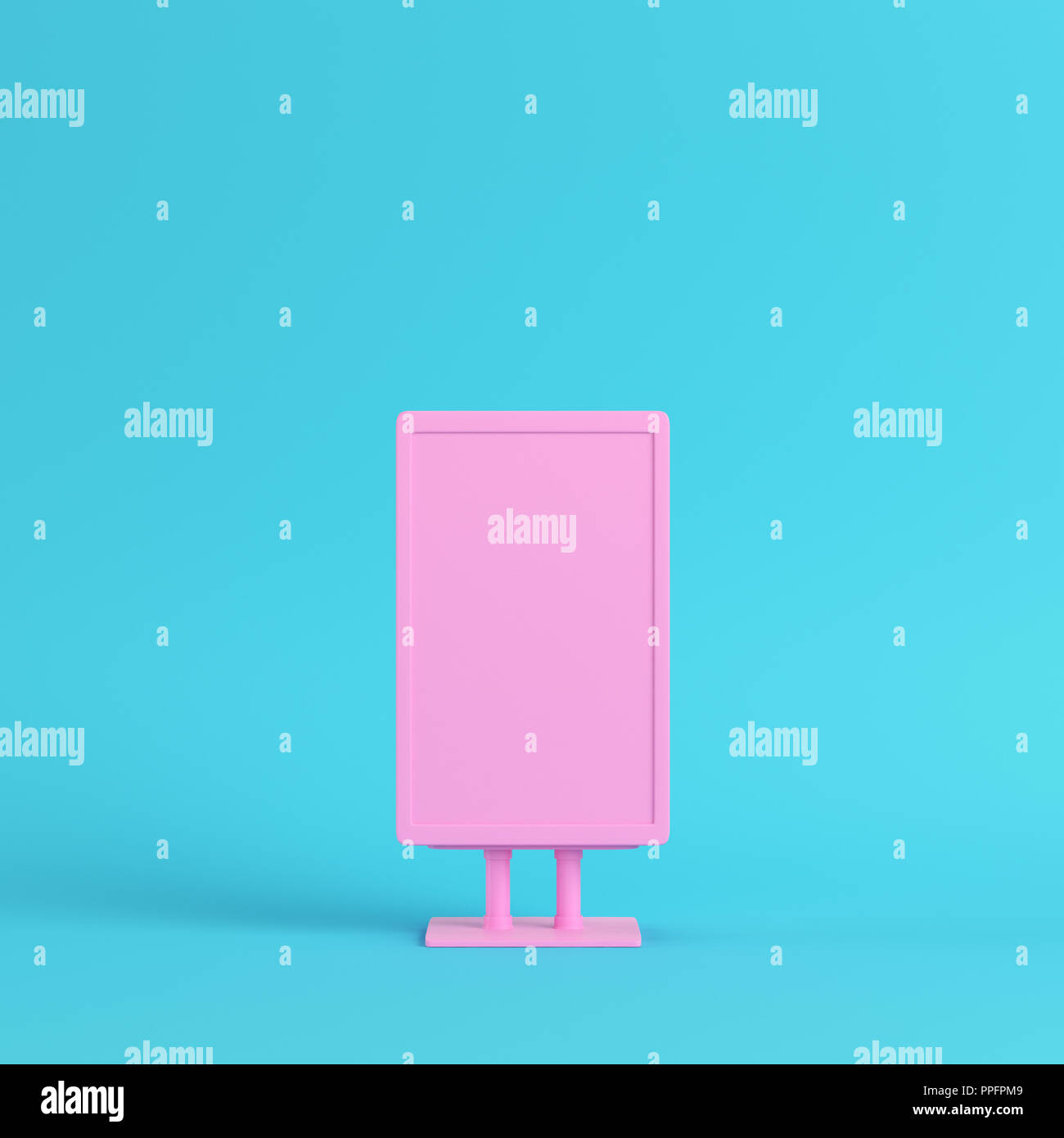 Pink blank advertising billboard on bright blue background in pastel ...