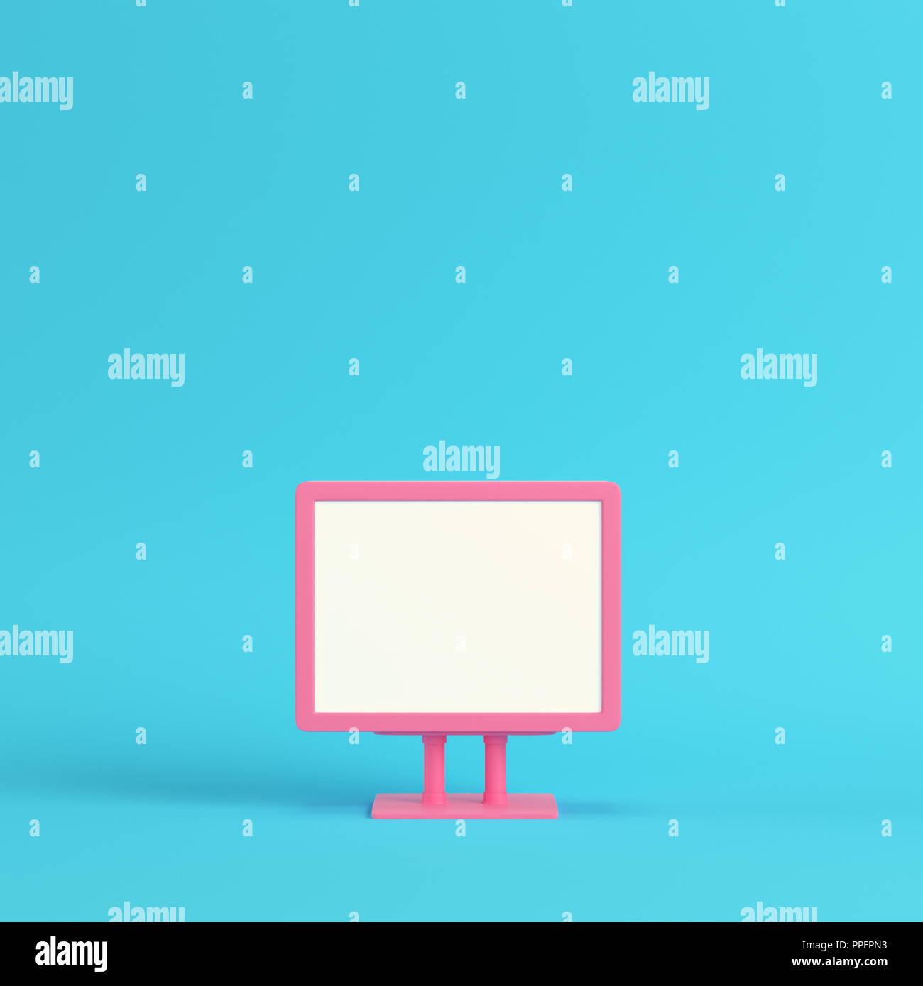 Pink blank advertising billboard on bright blue background in pastel ...