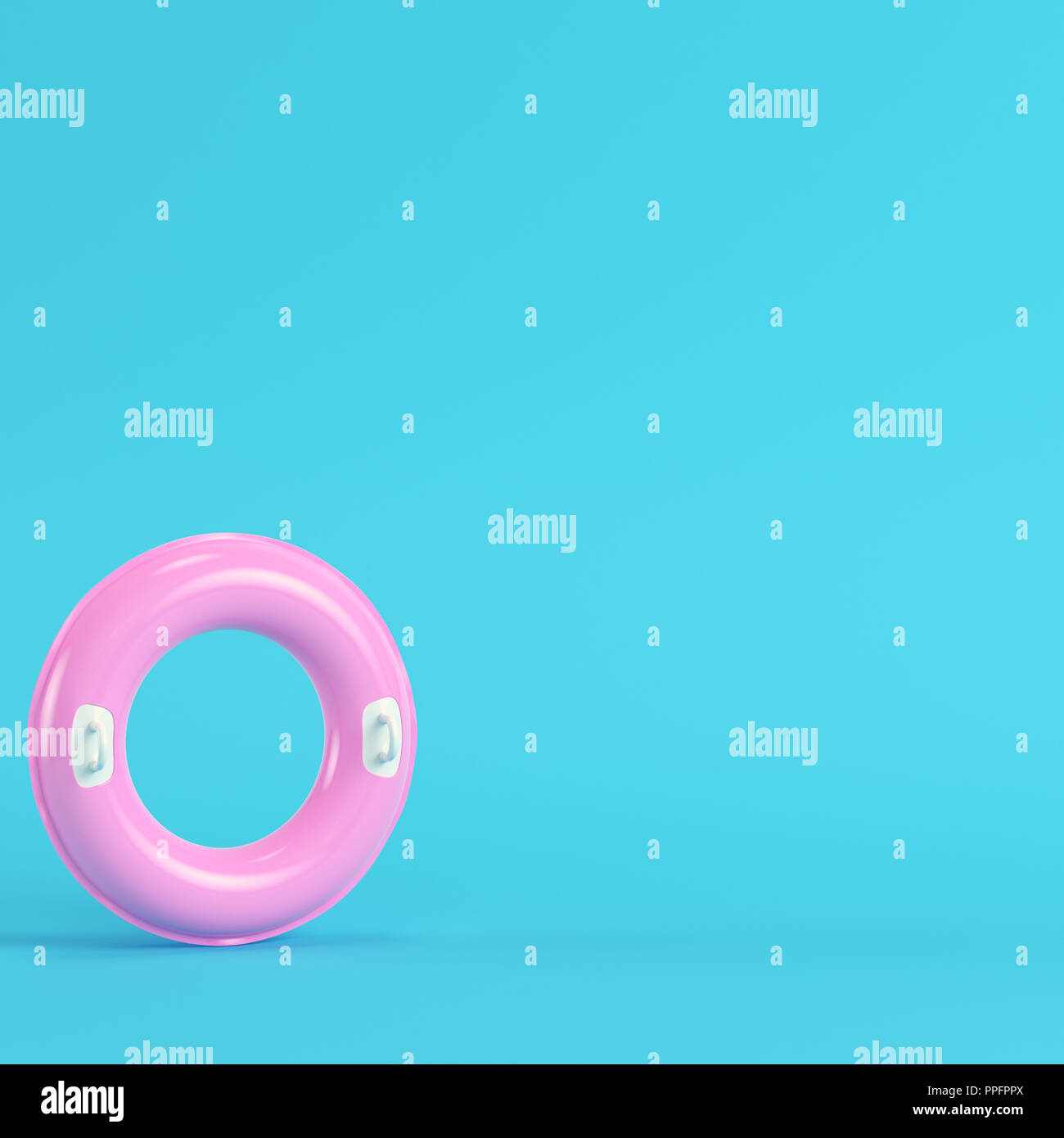 Pink inflatable ring on bright blue background in pastel colors ...