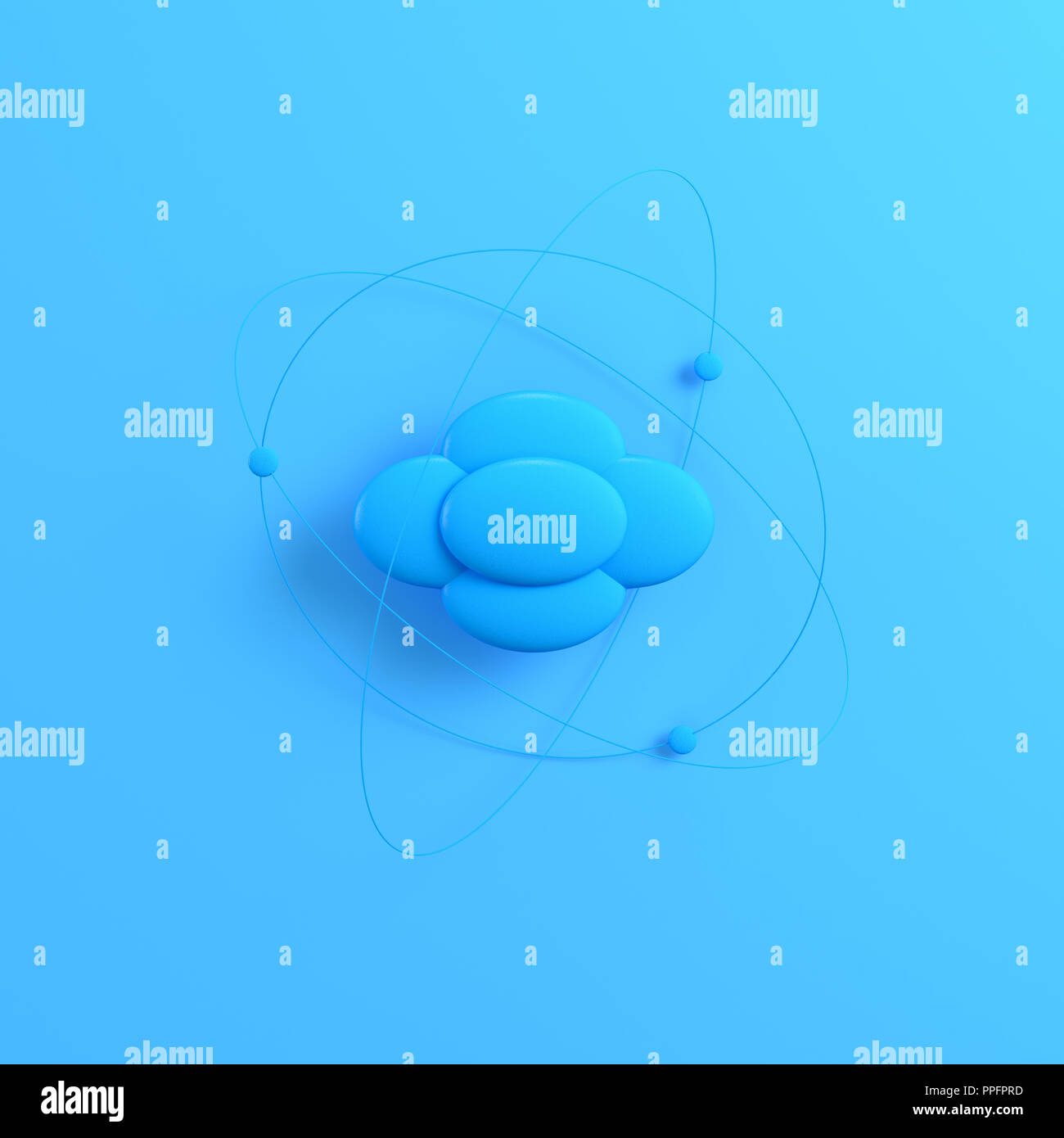 Atom on bright blue background. Minimalism concept. 3d render Stock ...