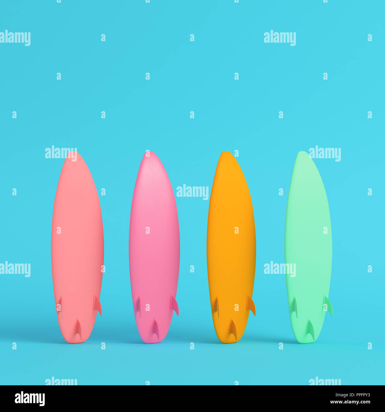 Four colorful surfboards on bright blue background in pastel colors ...