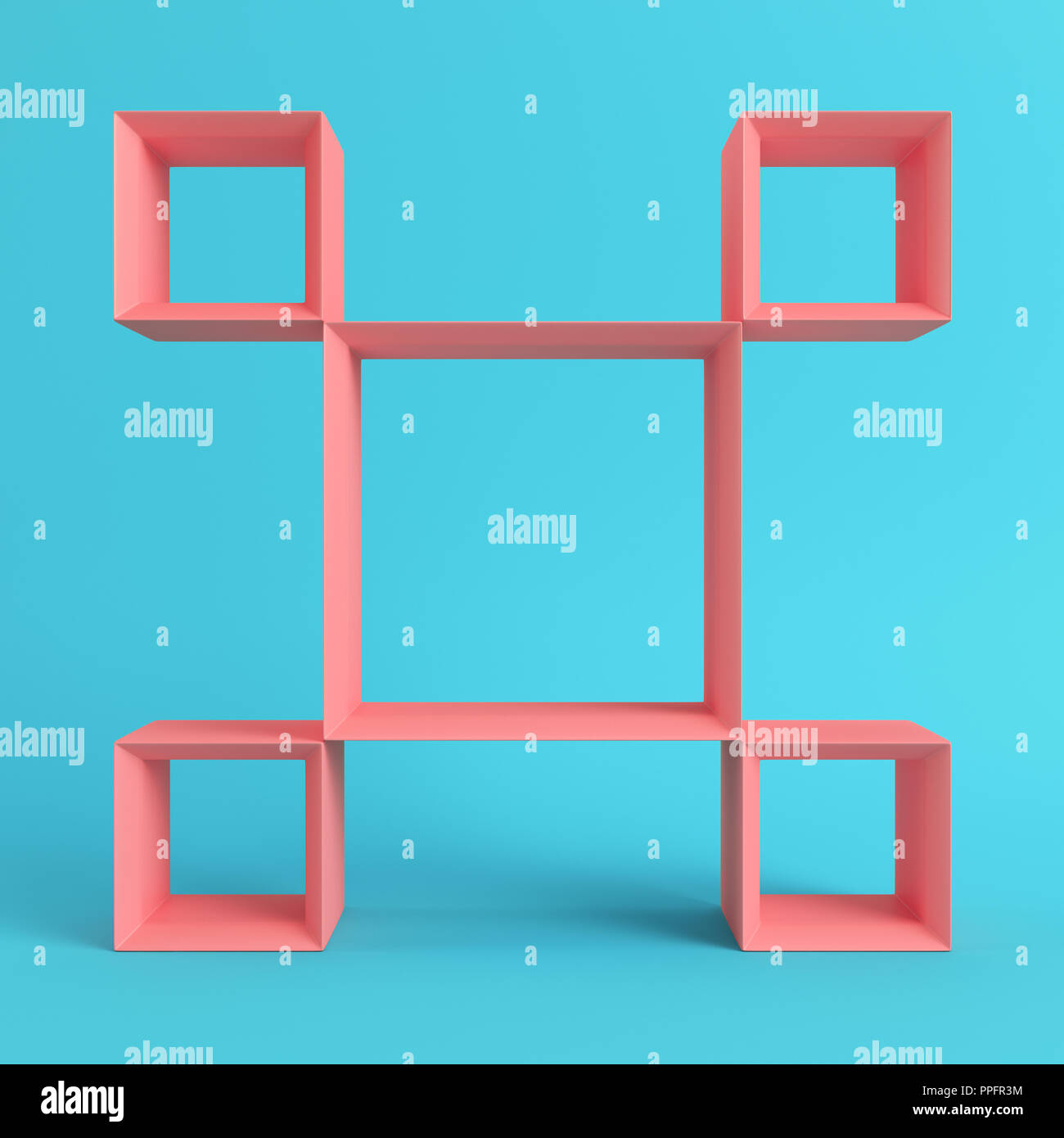 Empty square shelfs on bright blue background in pastel colors. 3d ...