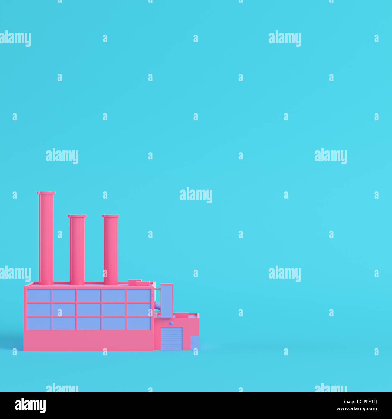 Pink factory on bright blue background in pastel colors. Minimalism ...