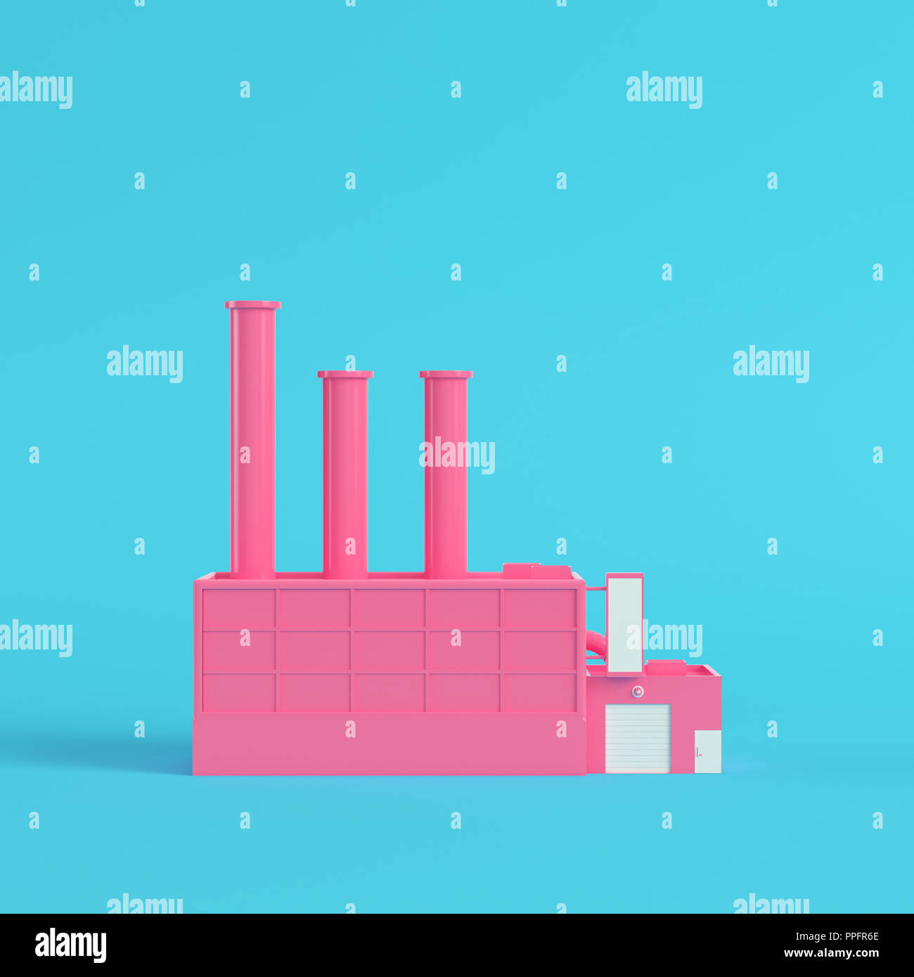 Pink factory on bright blue background in pastel colors. Minimalism ...