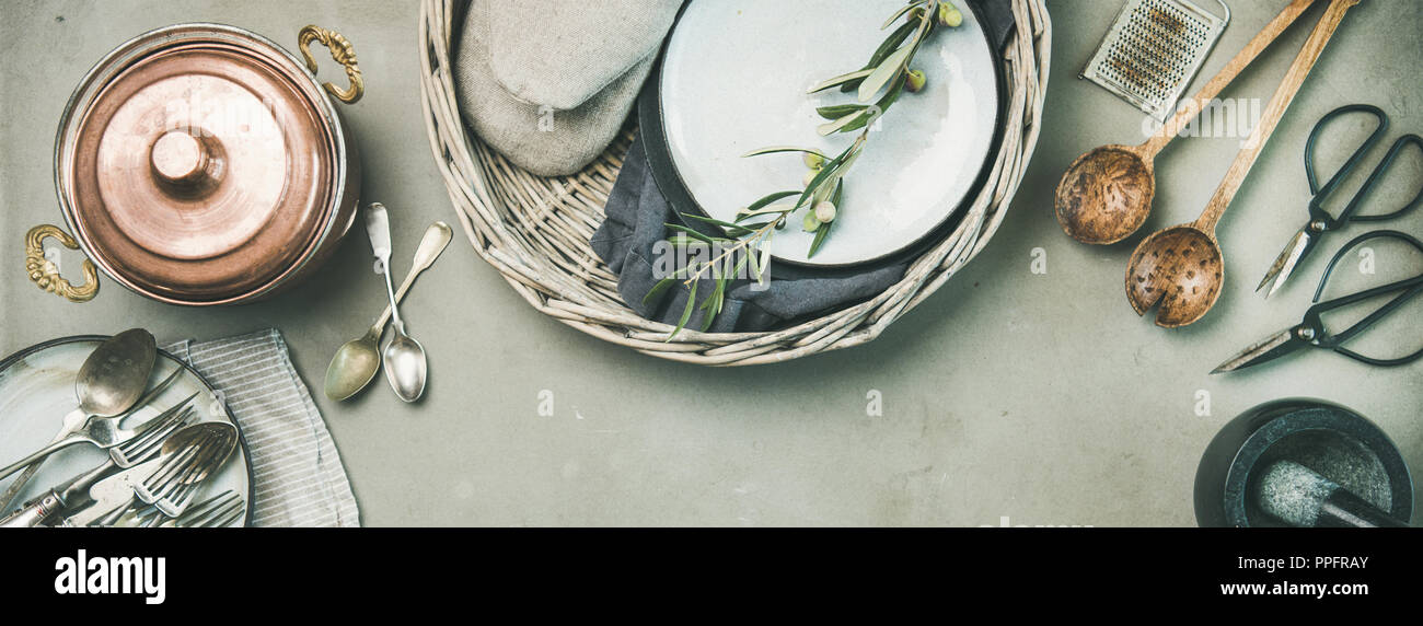 Food cooking minimalistic background over grey background, wide ...