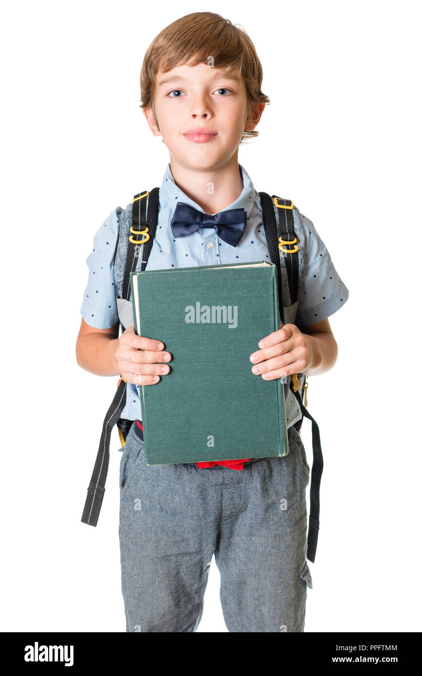 young adorable boy holding big book, isolated on white background Stock ...