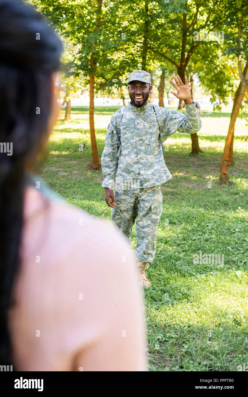 African american smiling soldier waving hi-res stock photography and ...