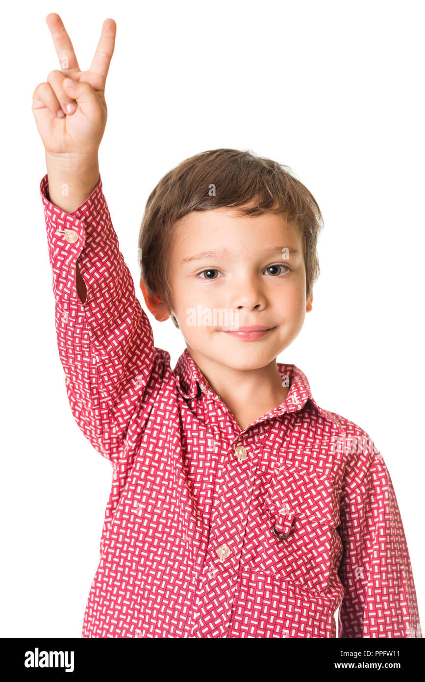 young adorable boy with raised hand, isolated on white background Stock ...