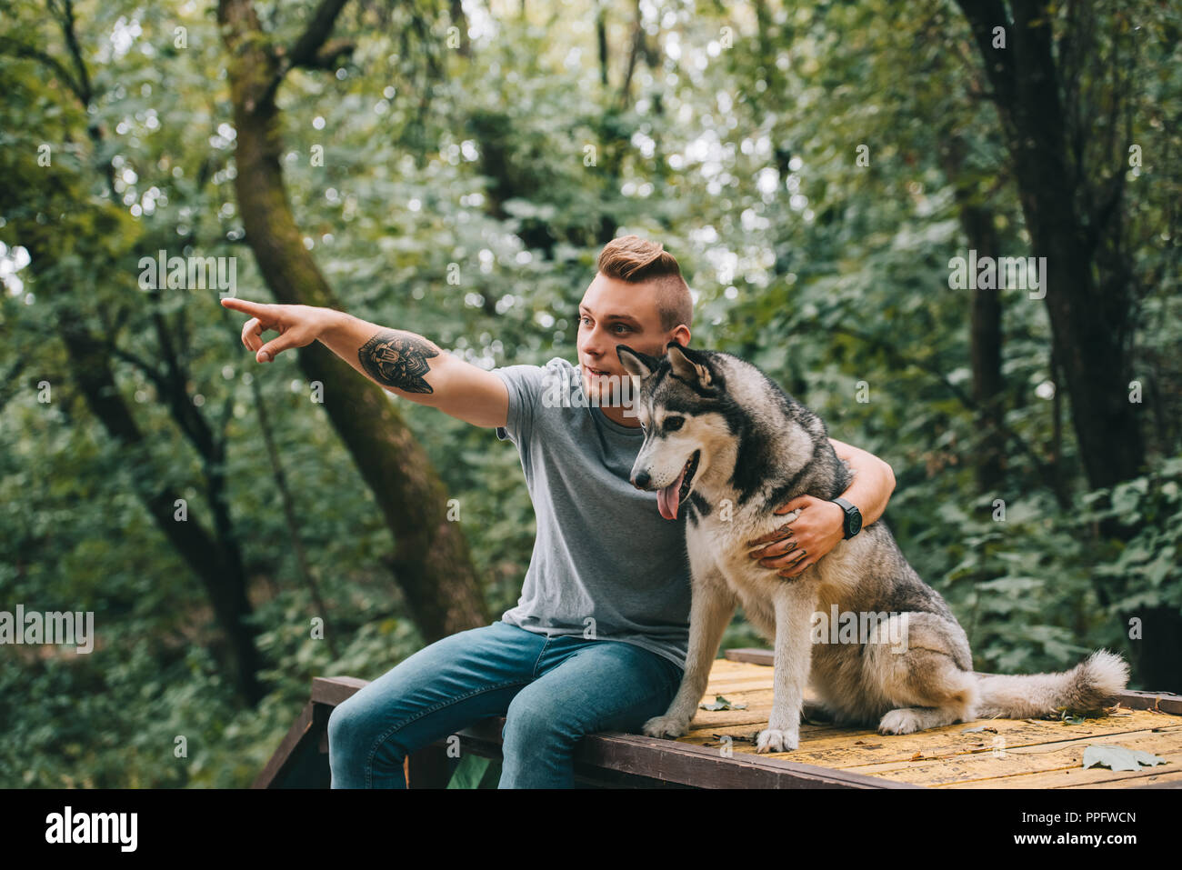 young man and siberian husky dog sitting in park, man pointing ...