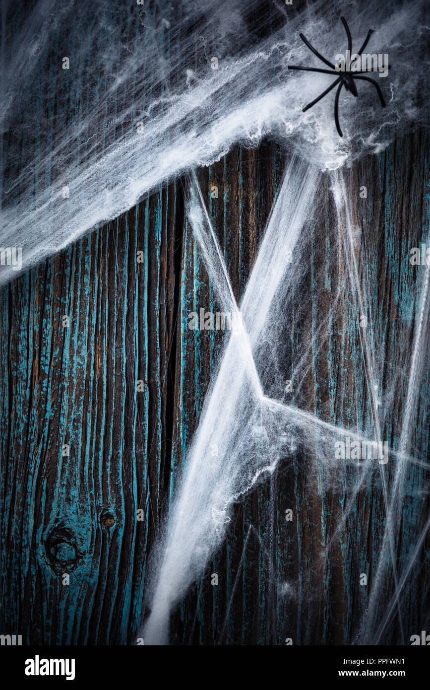 Spider net on wooden background,Halloween spooky Stock Photo - Alamy