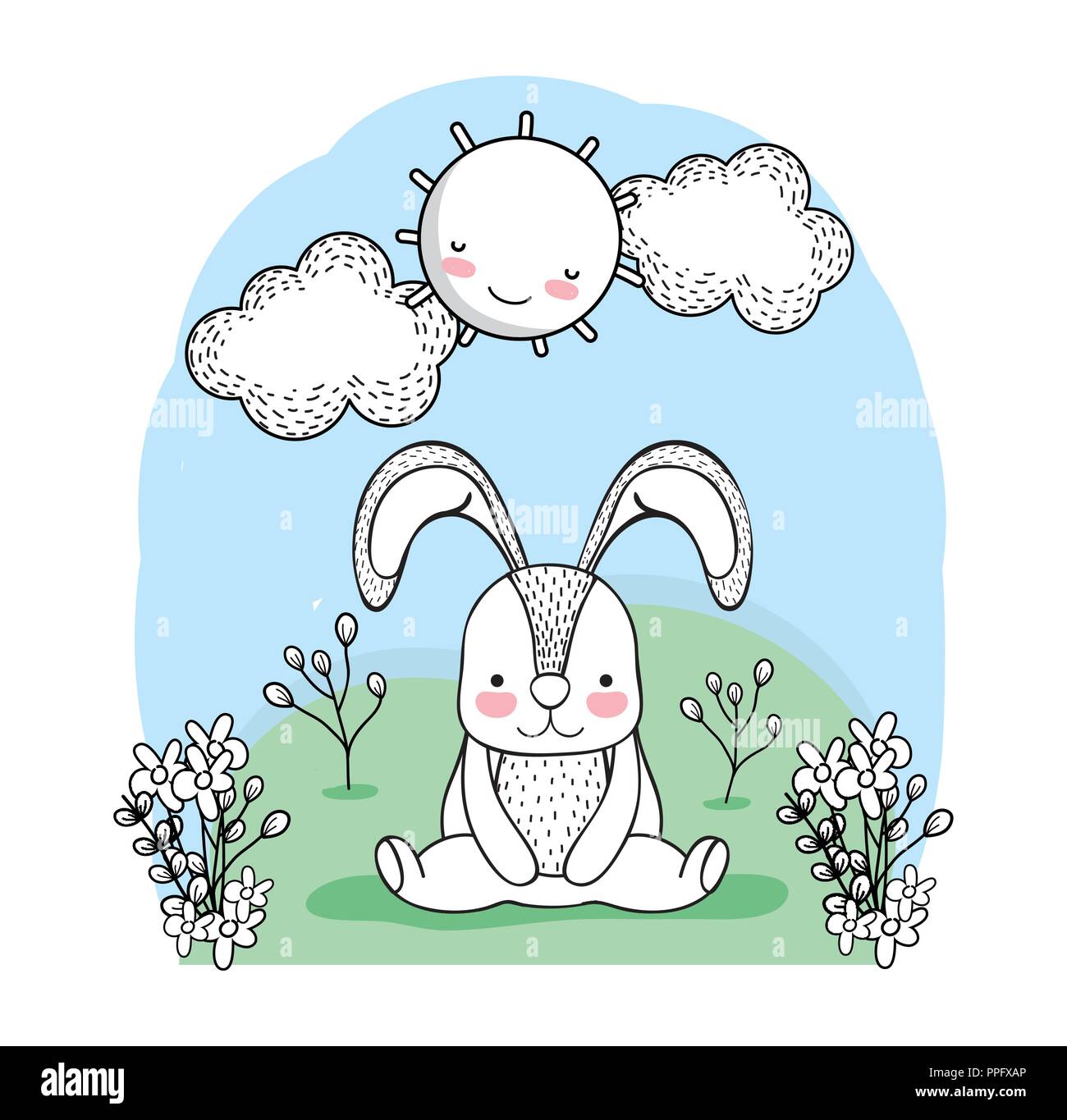 cute rabbit with happy sun and clouds Stock Vector Image & Art - Alamy